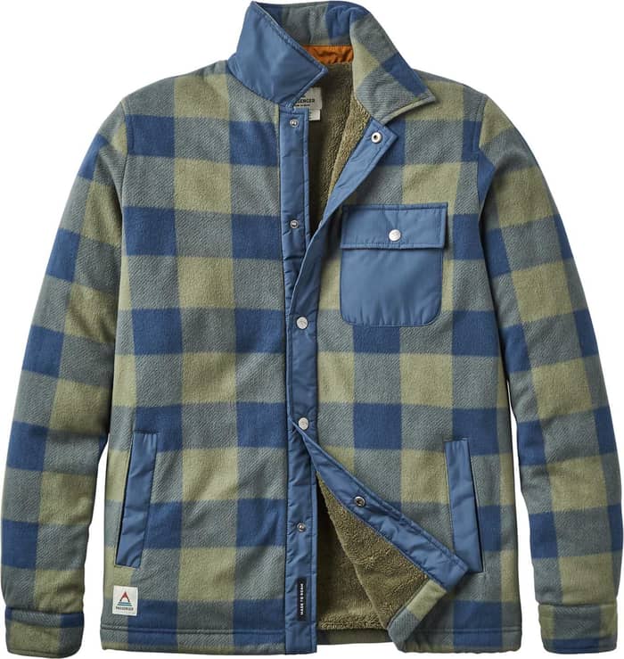 Passenger Firelight Sherpa Lined Overshirt Dusty Olive Dark Denim Check ...